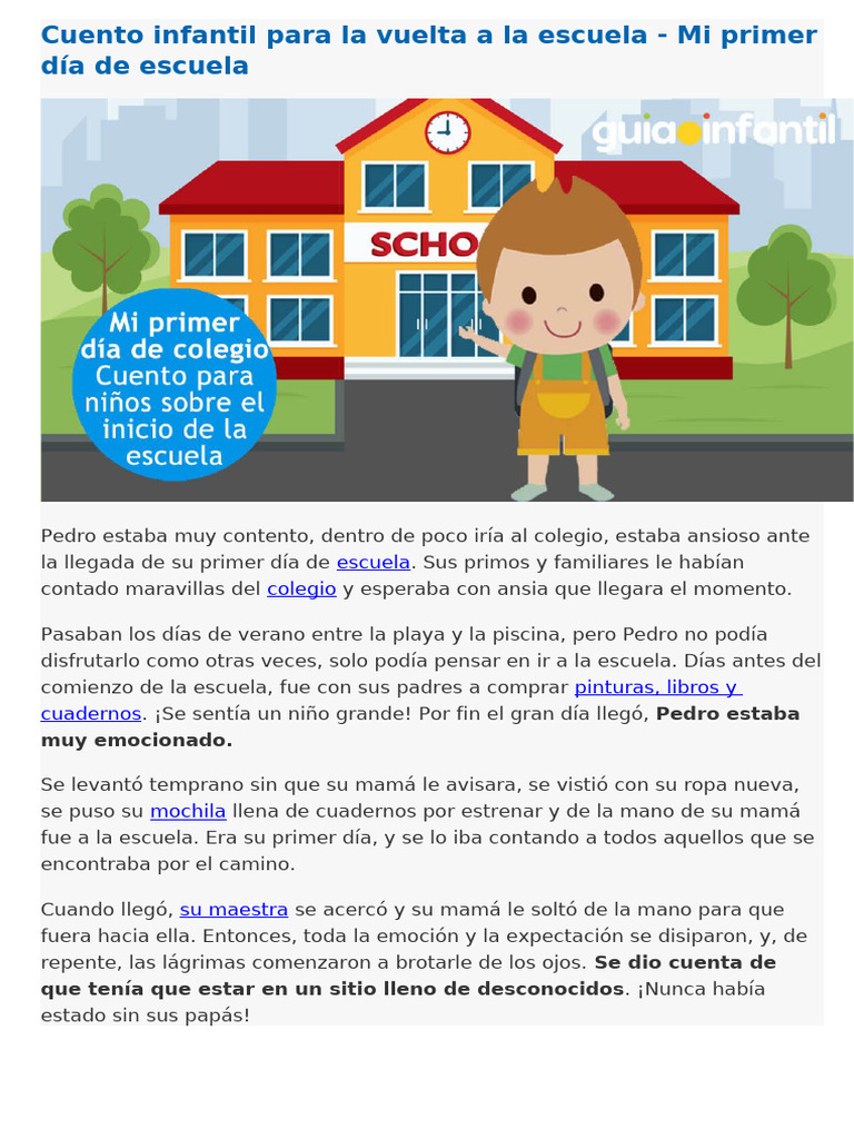 Mi primer día de escuela: Cuento infantil | PDF