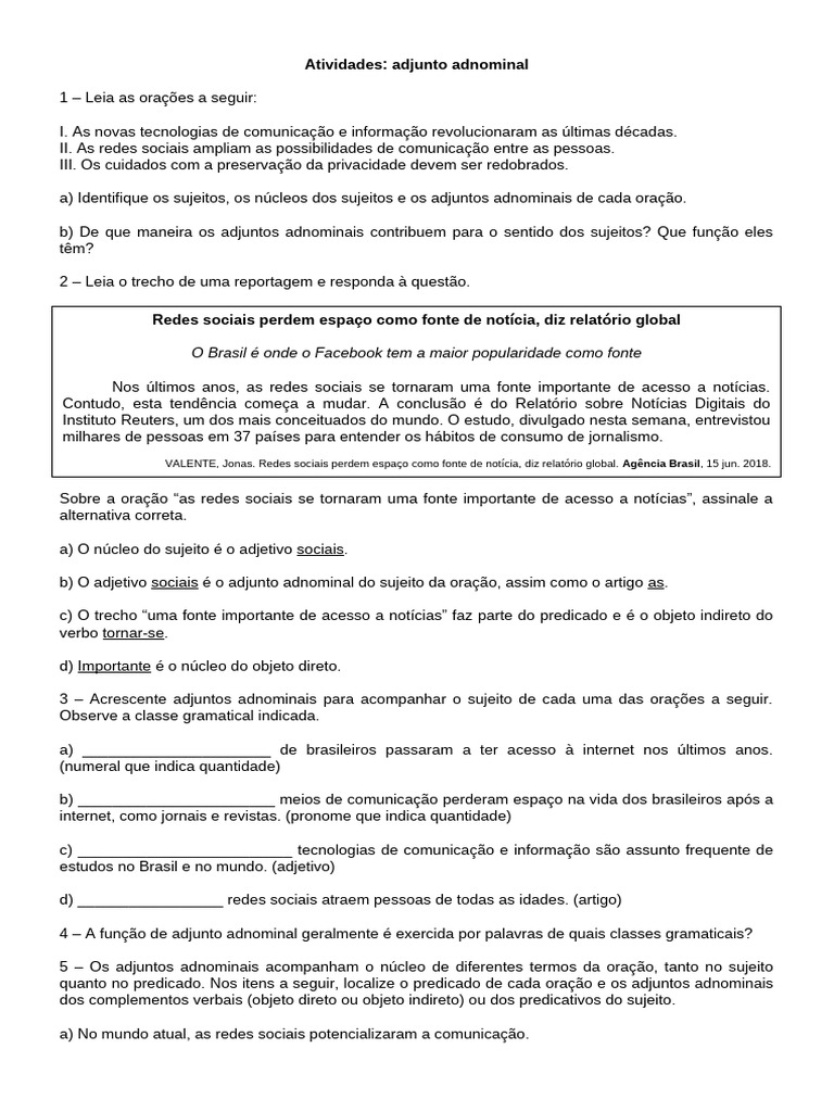 Atividades Adjunto Adnominal | PDF | Assunto (gramática) | Internet