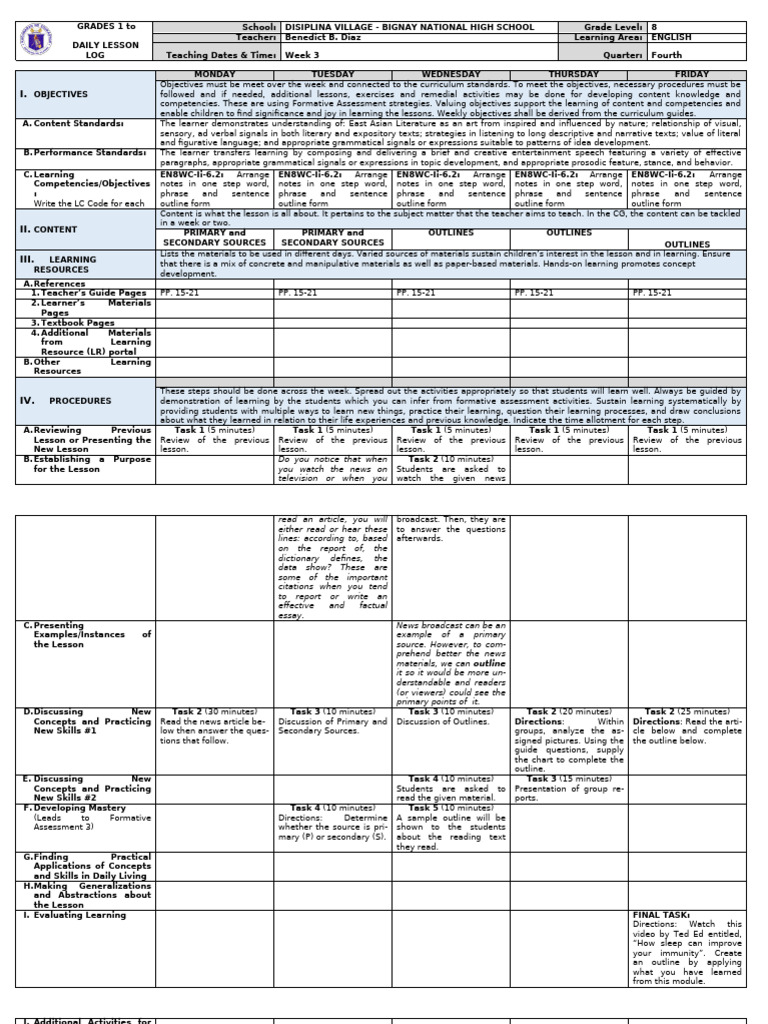 Grade 8 English Daily Lesson Plan | PDF | Learning | Human Communication