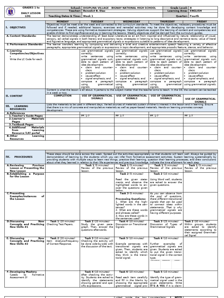 G8-DIAZ-DLL_4TH-Qrtr-week-1 | PDF | Learning | Question
