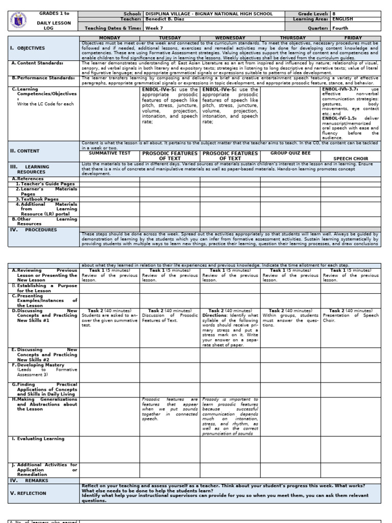 G8 DIAZ DLL - 4TH QRTR Week 7 | PDF | Learning | Stress (Linguistics)