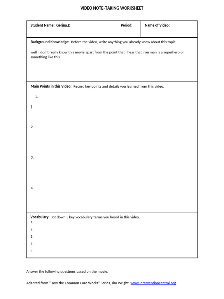 Video Note Taking Worksheet | PDF
