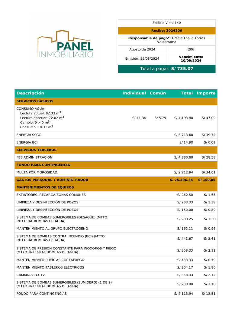 (I - M) Edificio Vidal 140 Recibo de Agosto Del 2024 - 206 | PDF | Hidrología | Agua