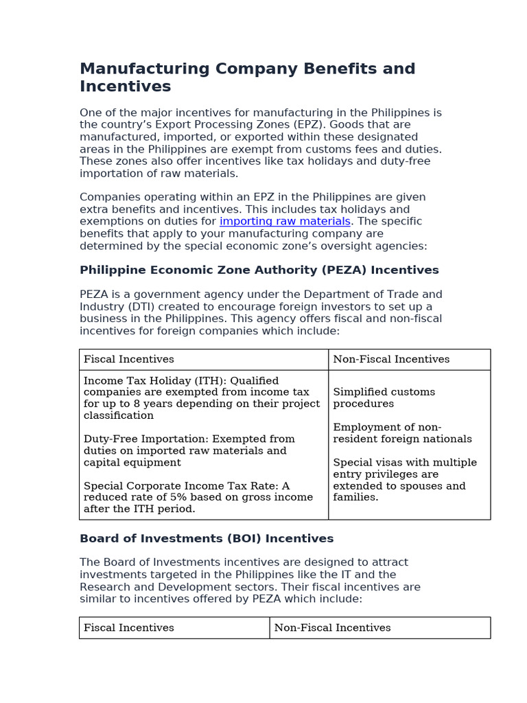 Manufacturing Company Benefits and Incentives | PDF | Tax Deduction | Taxes