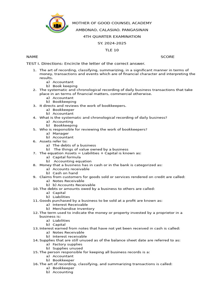 TLE 10 4TH QUARTER | PDF | Bookkeeping | Debits And Credits