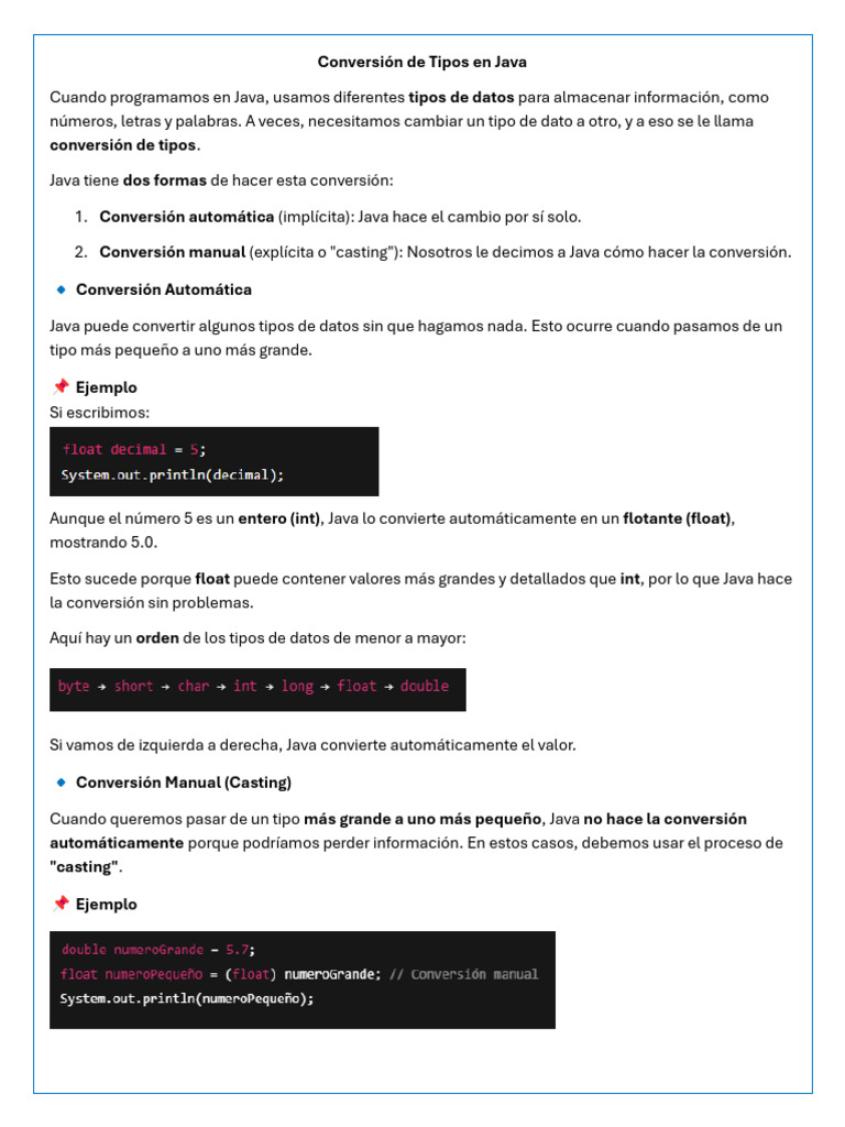 Conversión de Tipos en Java | PDF