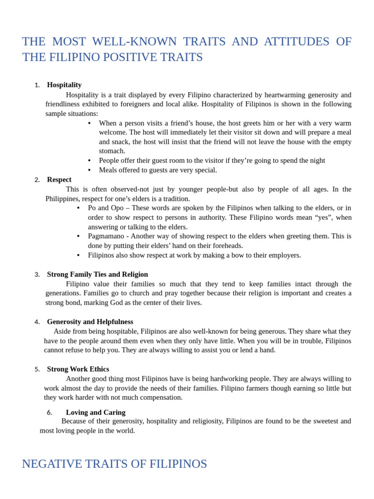 Filipino Positive and Negative Traits | PDF | Social Psychology