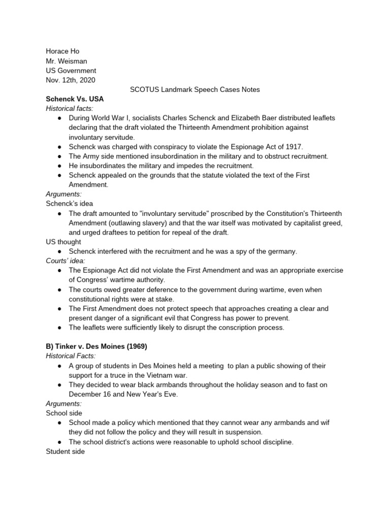SCOTUS Landmark Speech Cases Notes | PDF | Justice | Crime & Violence