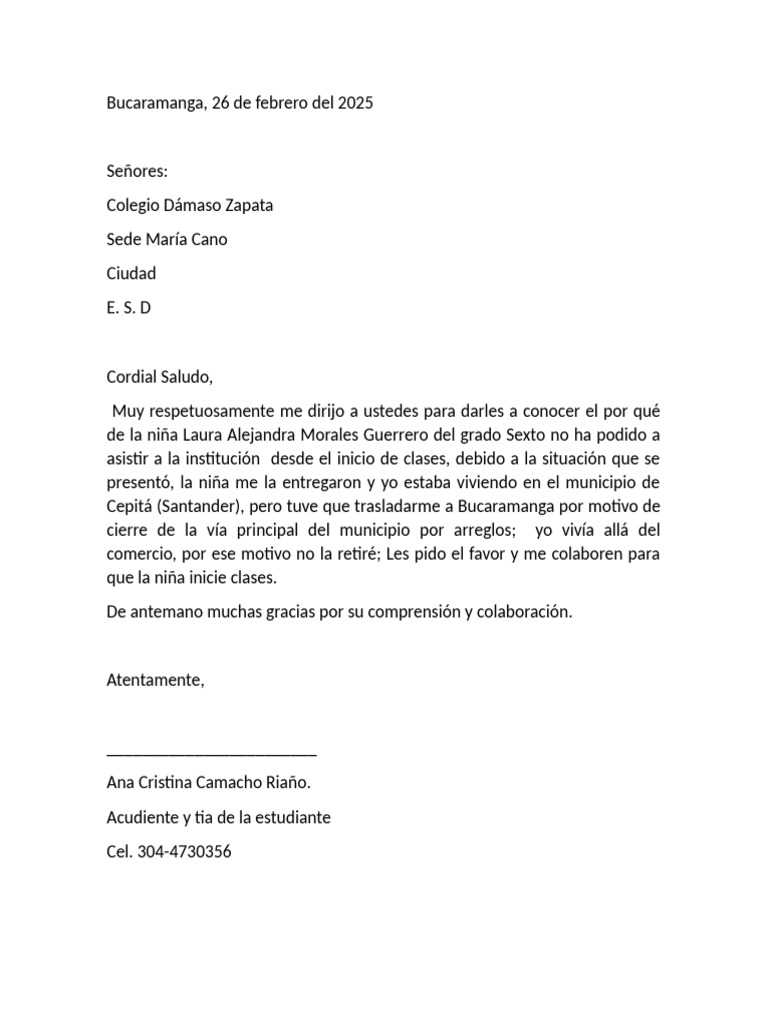 Carta Ausencia Al Colegio | PDF