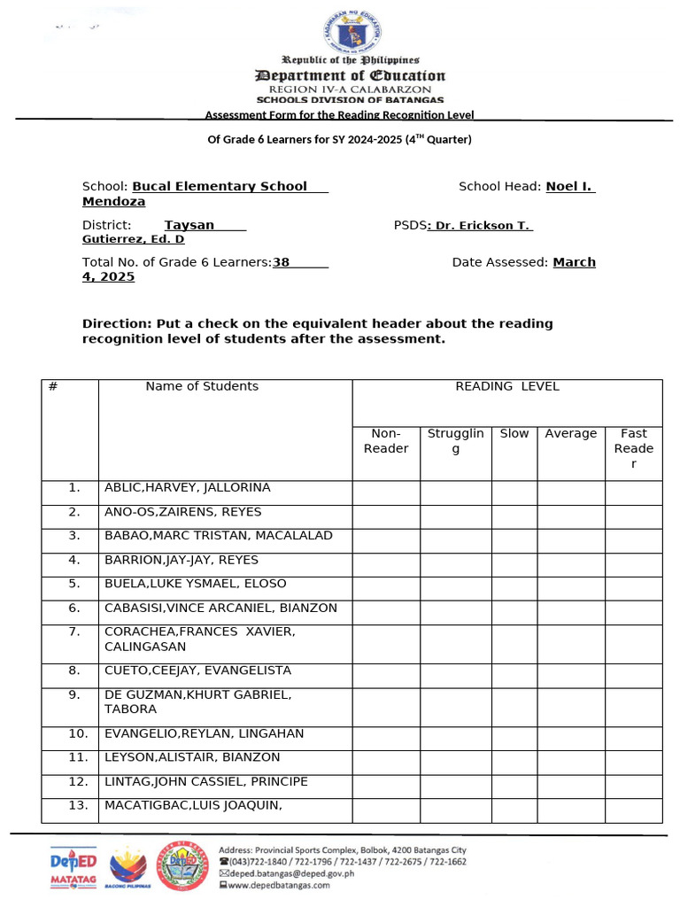 Grade 6 Reading Assessment Form 2024-2025 | PDF