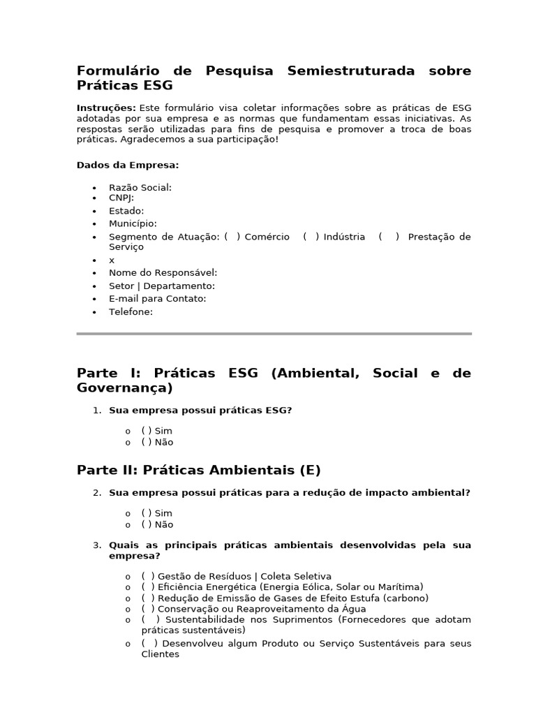 Formulário de Pesquisa Semiestruturada Sobre Práticas ESG | PDF ...