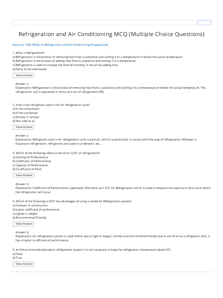 1000 Refrigeration and Air Conditioning MCQ (Multiple Choice Questions) - Sanfoundry | PDF | Air ...