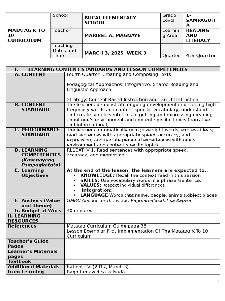 Readinglit Cot Lesson Exemplar Week3 | PDF | Learning | Learning Methods