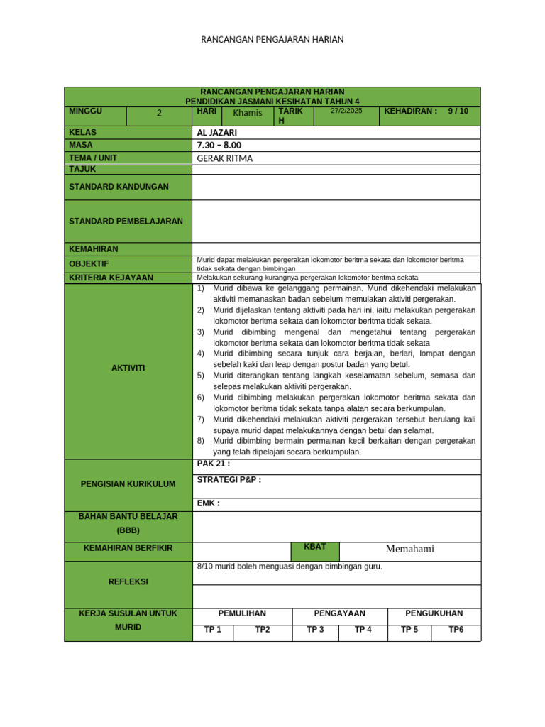 RPH PJK TAHUN 4 UNIT 1 GERAK RITMA (KHAMIS) | PDF