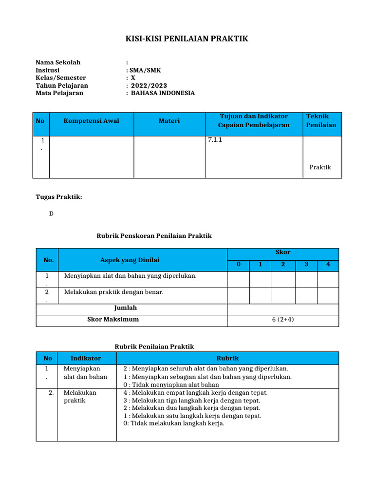 Kisi-kisi Penilaian Praktik | PDF