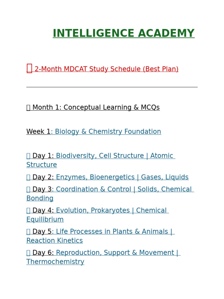2-Month MDCAT Study Plan Guide | PDF | Chemistry | Physics