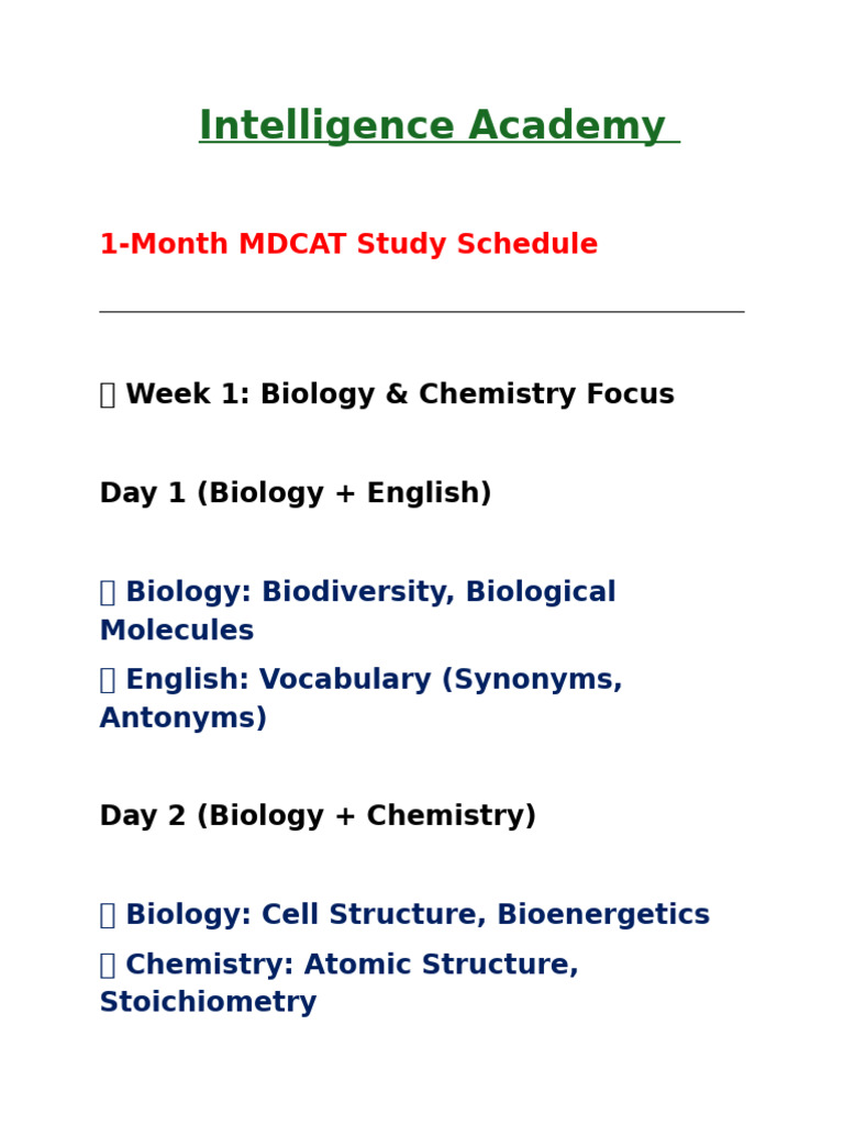 One Month Schedule For Mdcat | PDF | Chemistry | Physics