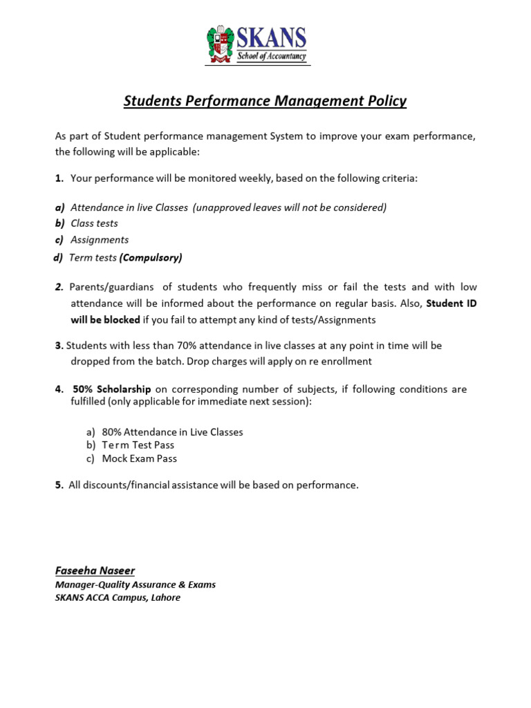 Student's Performance Management Policy-2024 | PDF