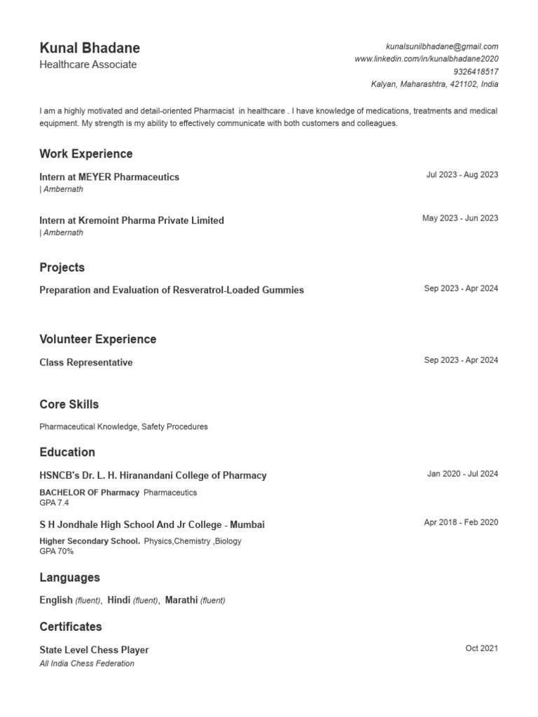 Profile of Kunal Bhadane, Pharmacist | PDF