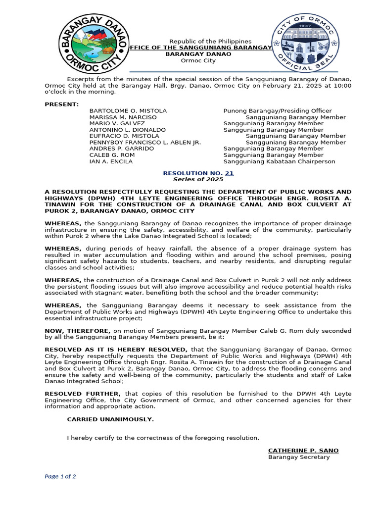 Resolution Requesting The Dpwh For A Box Culvert Pdf