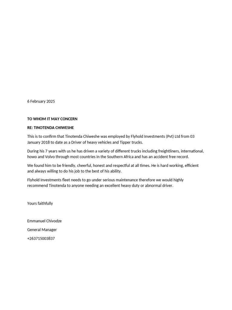 Reference Letter-Tinotenda Chiweshe | PDF