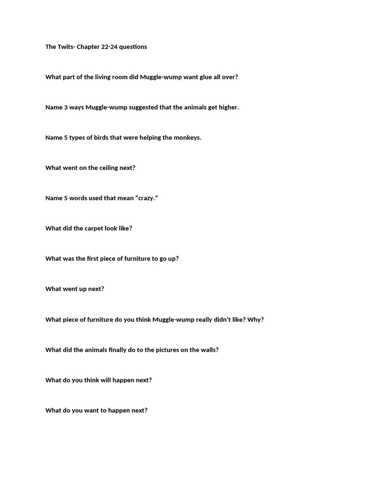 The Twits: Chapter 22-24 Questions | PDF