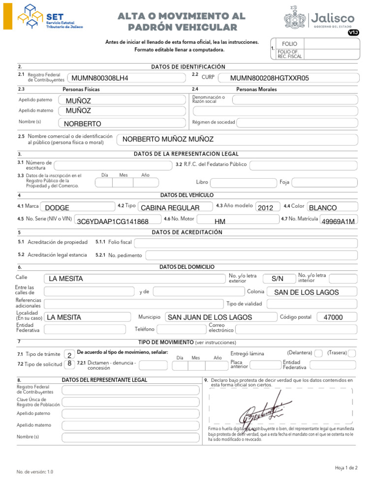 Formulario Oficial para Padrón Vehicular | PDF
