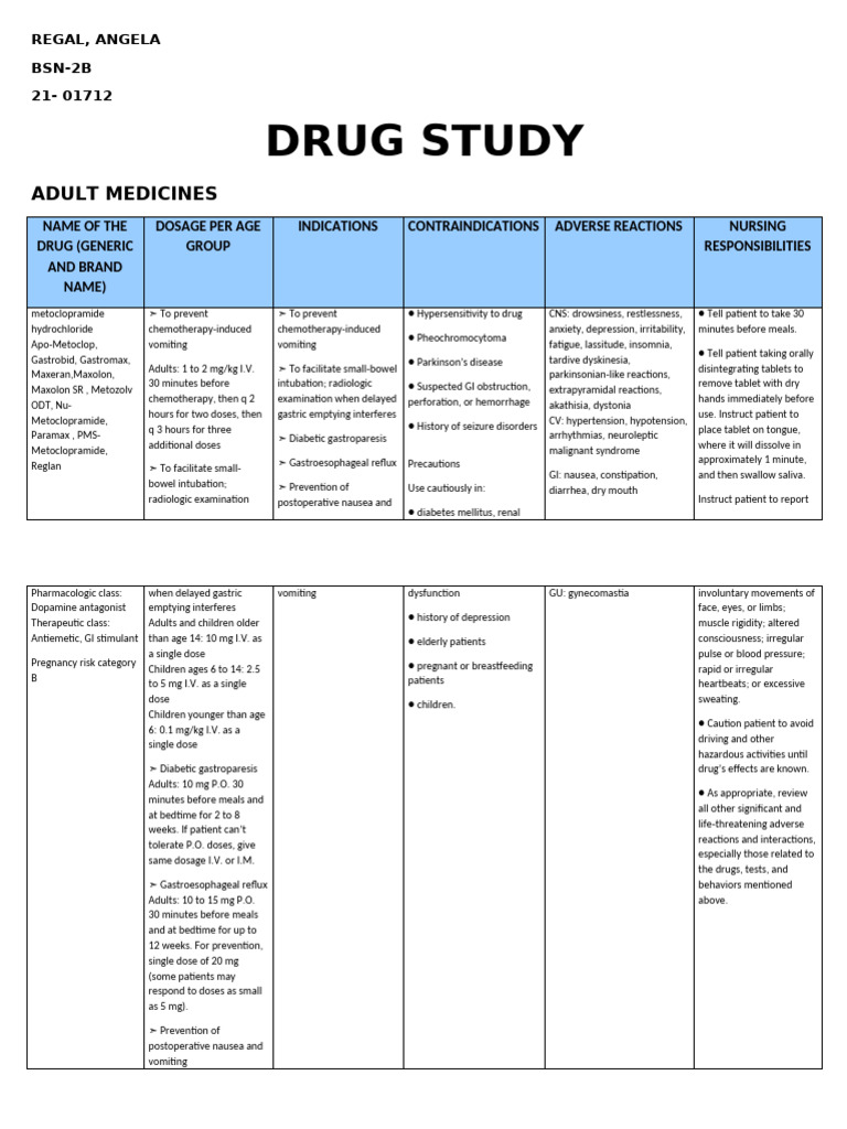 Drug Study: Adult Medications Overview | PDF | Pneumonia | Medical ...