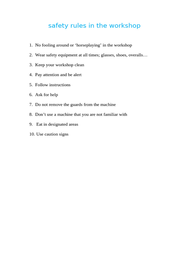 Workshop Safety Rules and Guidelines | PDF