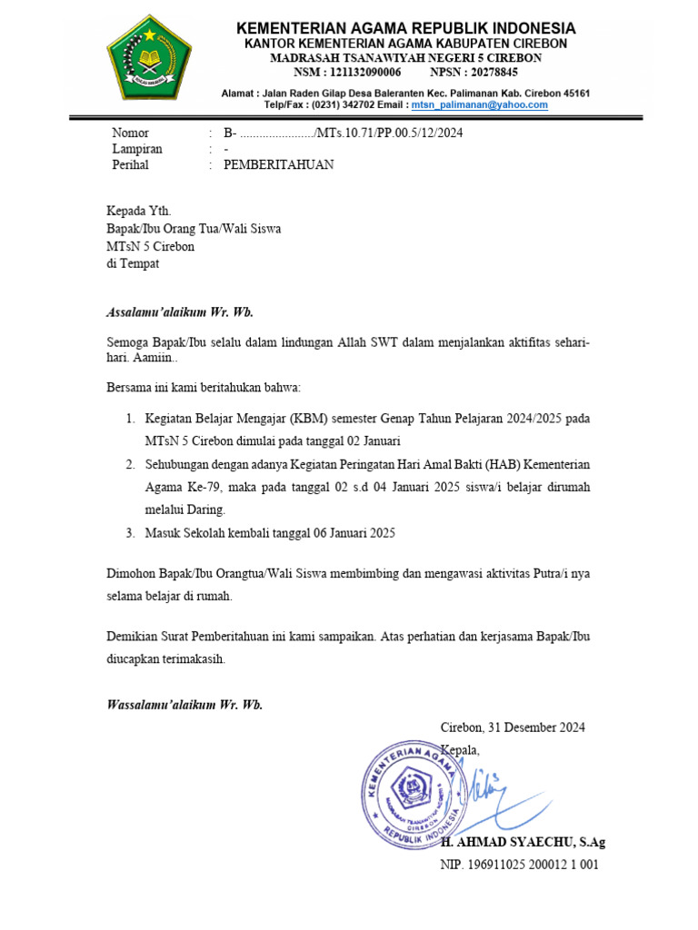 Pemberitahuan KBM MTsN 5 Cirebon | PDF