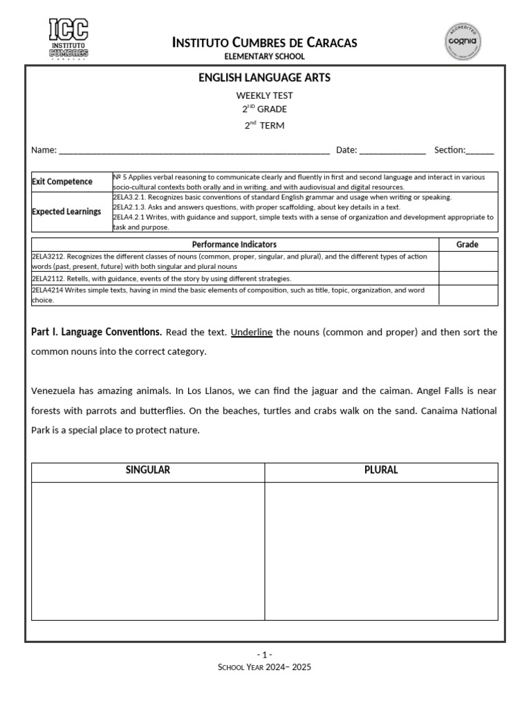 2nd Grade English Weekly Test | PDF | Grammatical Number | English Language