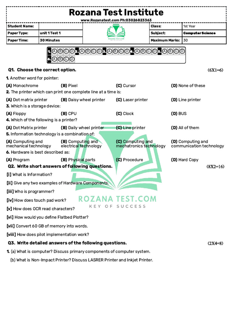 1st Year Computer Science Chapter Wise Short Test .PDF | PDF | Computer ...
