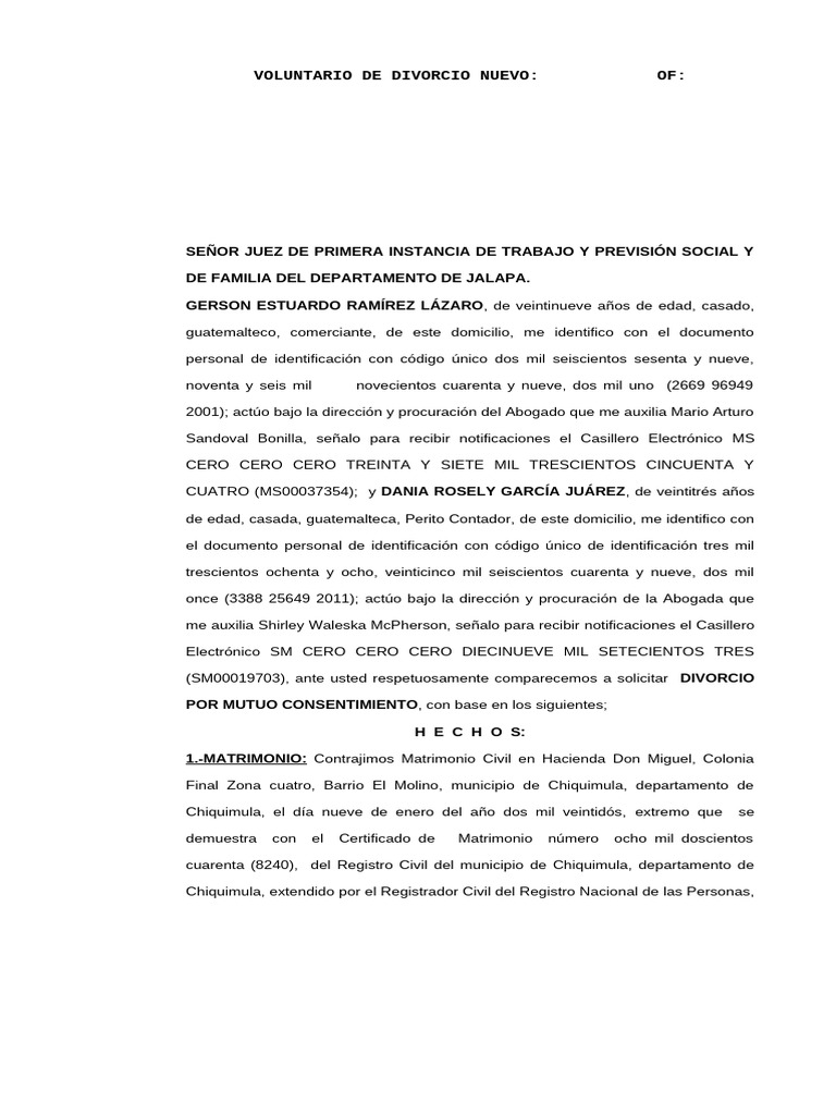 DIVORCIO VOLUNTARIO SIN HIJOS GERSON ESTUARDO RAMIREZ LAZARO y DANIA ...