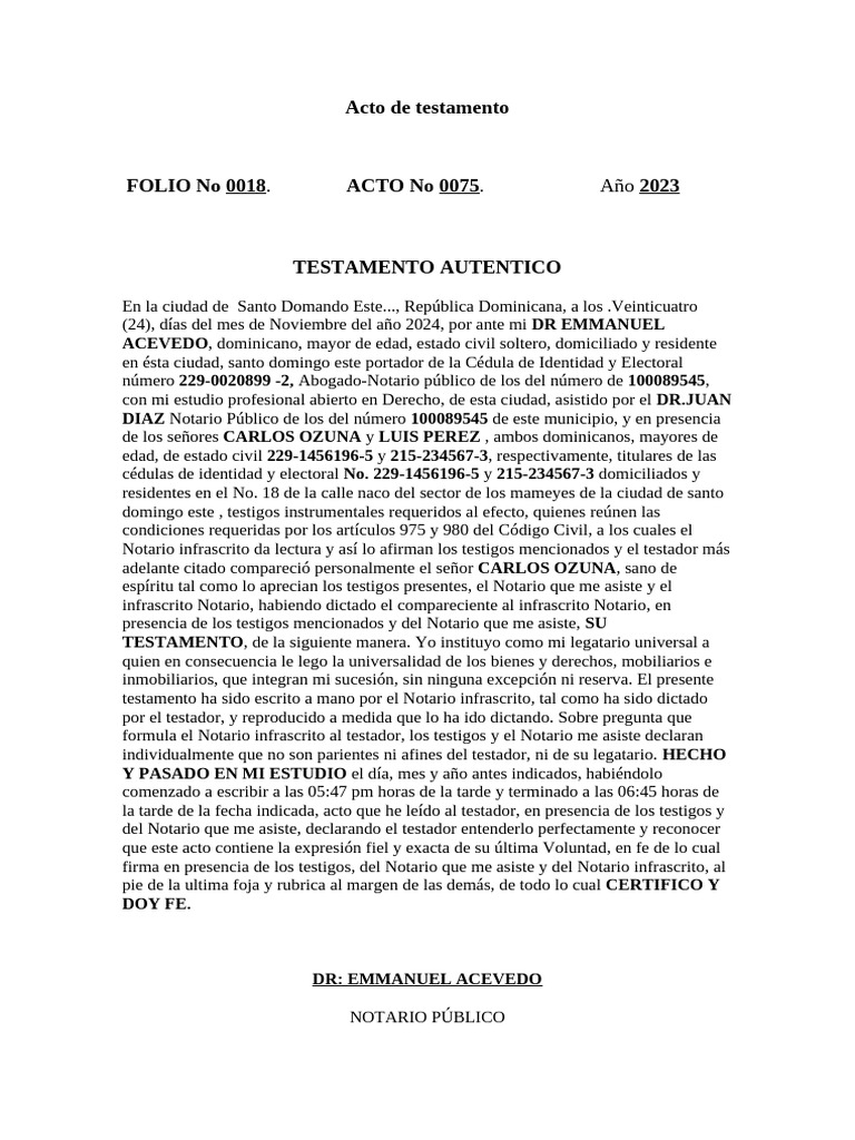 Testamento Autentico | PDF | Voluntad y testamento