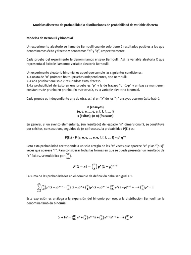 Modelos de Bernoulli y Binomiales | PDF | Teoría de probabilidad ...