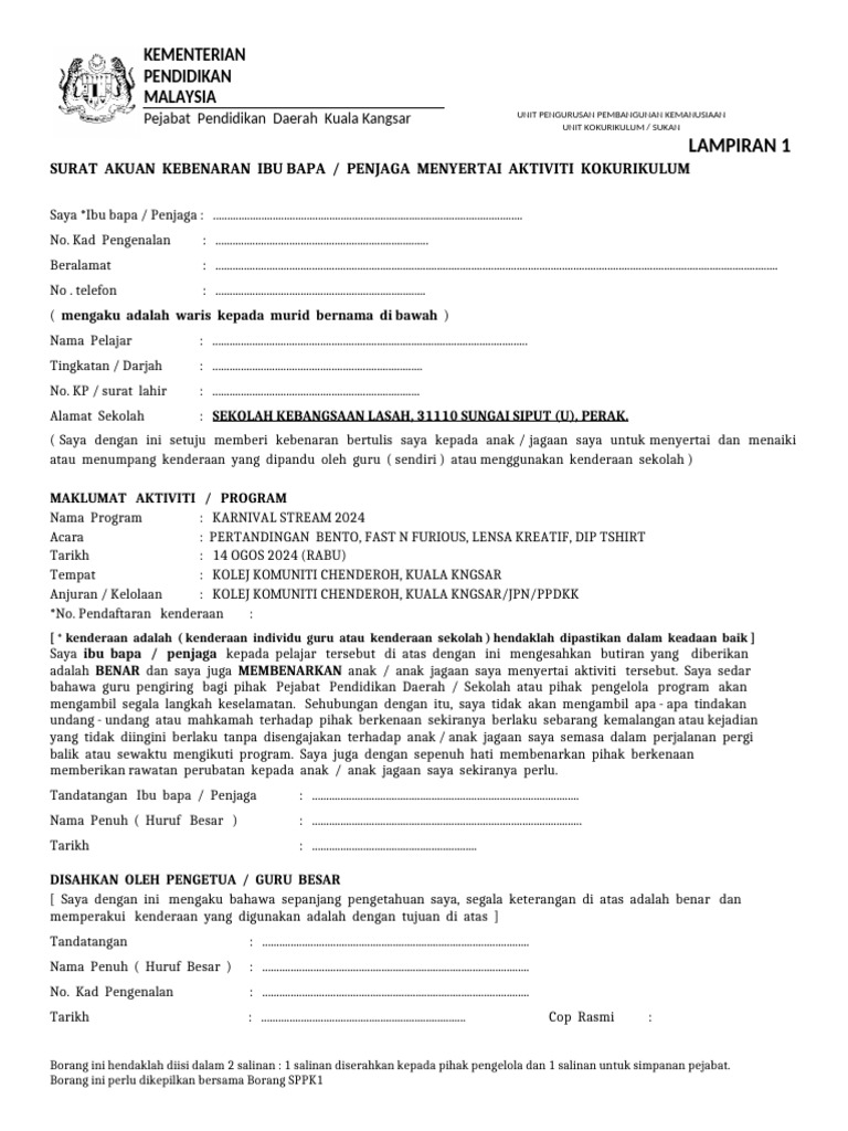 Surat Akuan Kebenaran Ibubapa-Lampiran 1 | PDF
