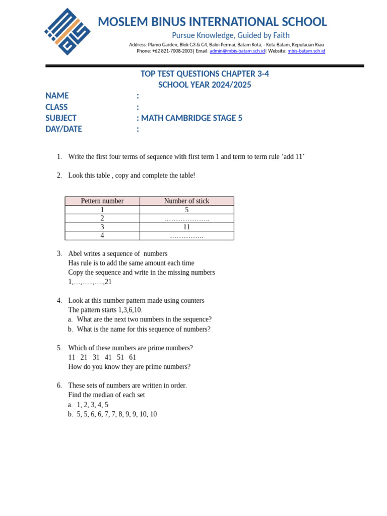 Math Test Questions for MBIS 2024/25 | PDF