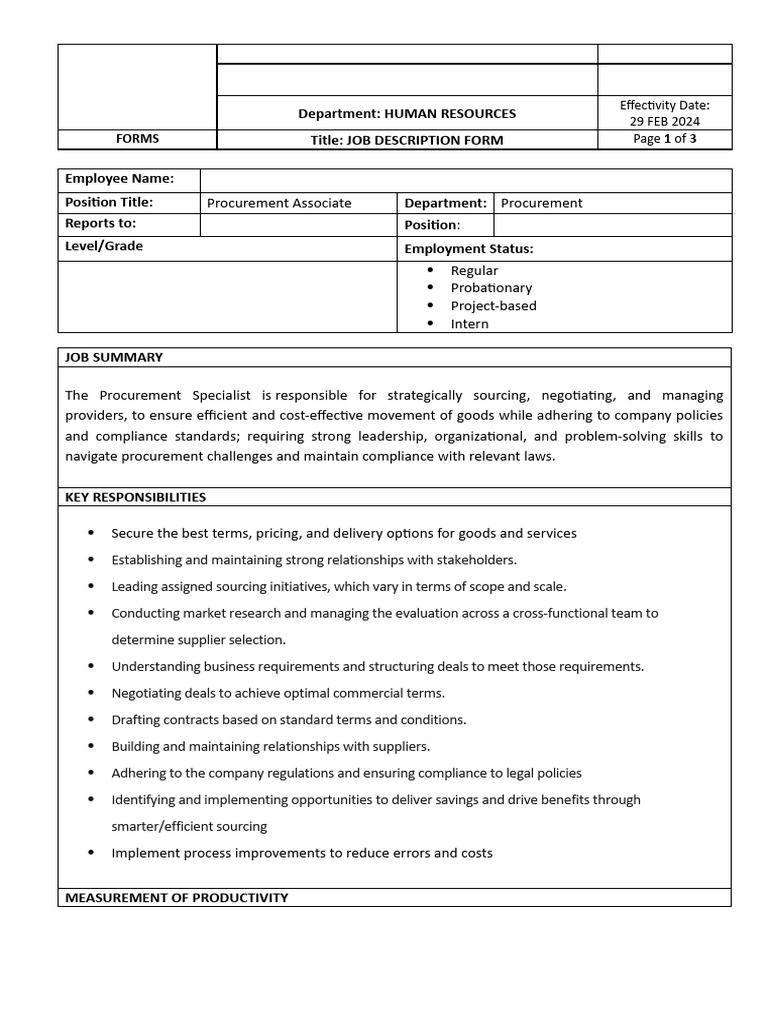 JD - Transport Procurement | PDF | Procurement | Employment