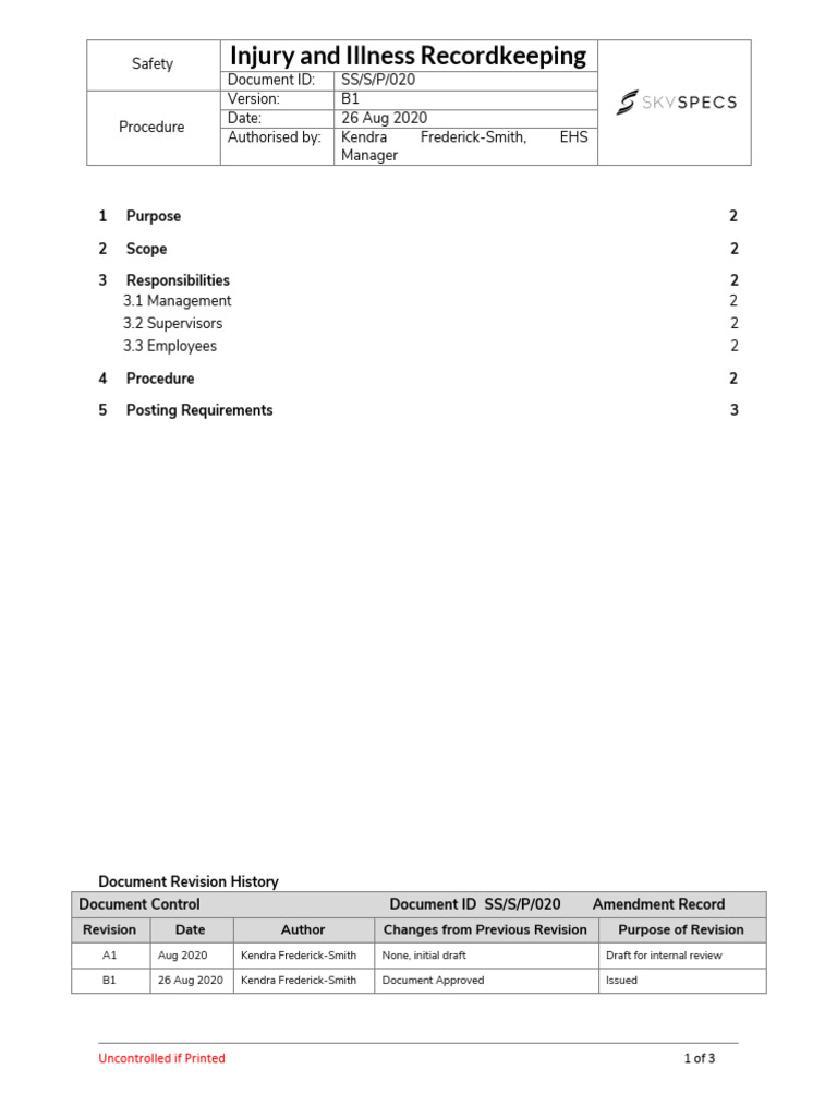 SS - S - P - 020 Injury and Illness Recordkeeping B1 | PDF | Occupational Safety And Health ...
