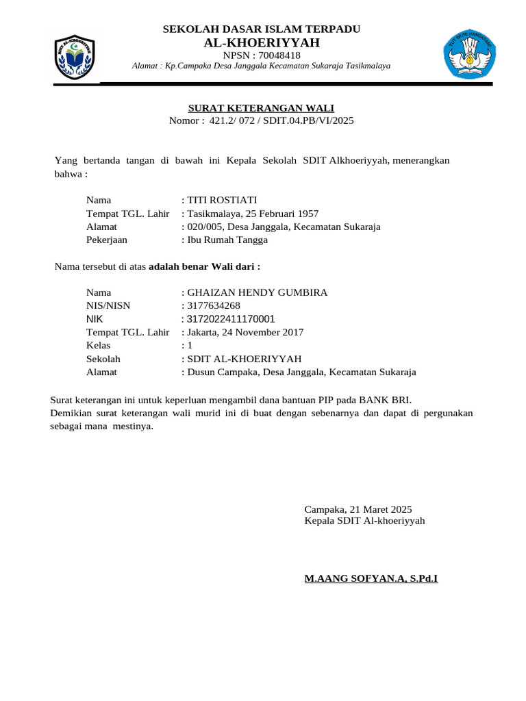 Surat Keterangan Wali Siswa | PDF