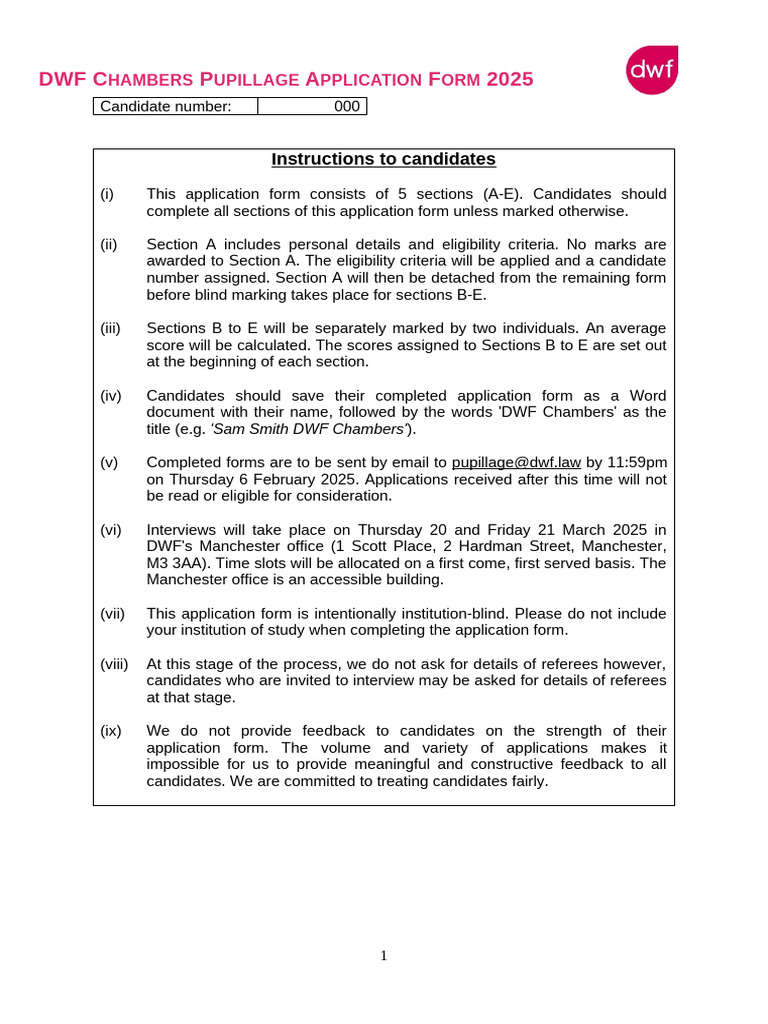 DWF Chambers Pupillage Application Form 2025 | PDF
