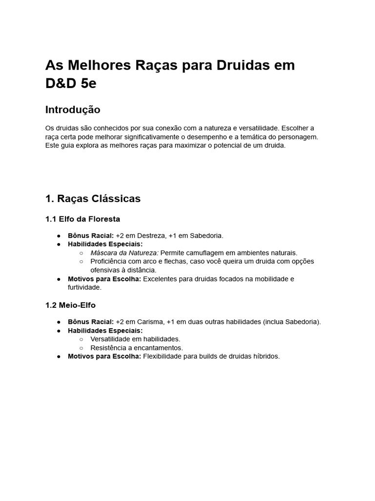 Melhores Raças para Druidas em D&D 5e | PDF