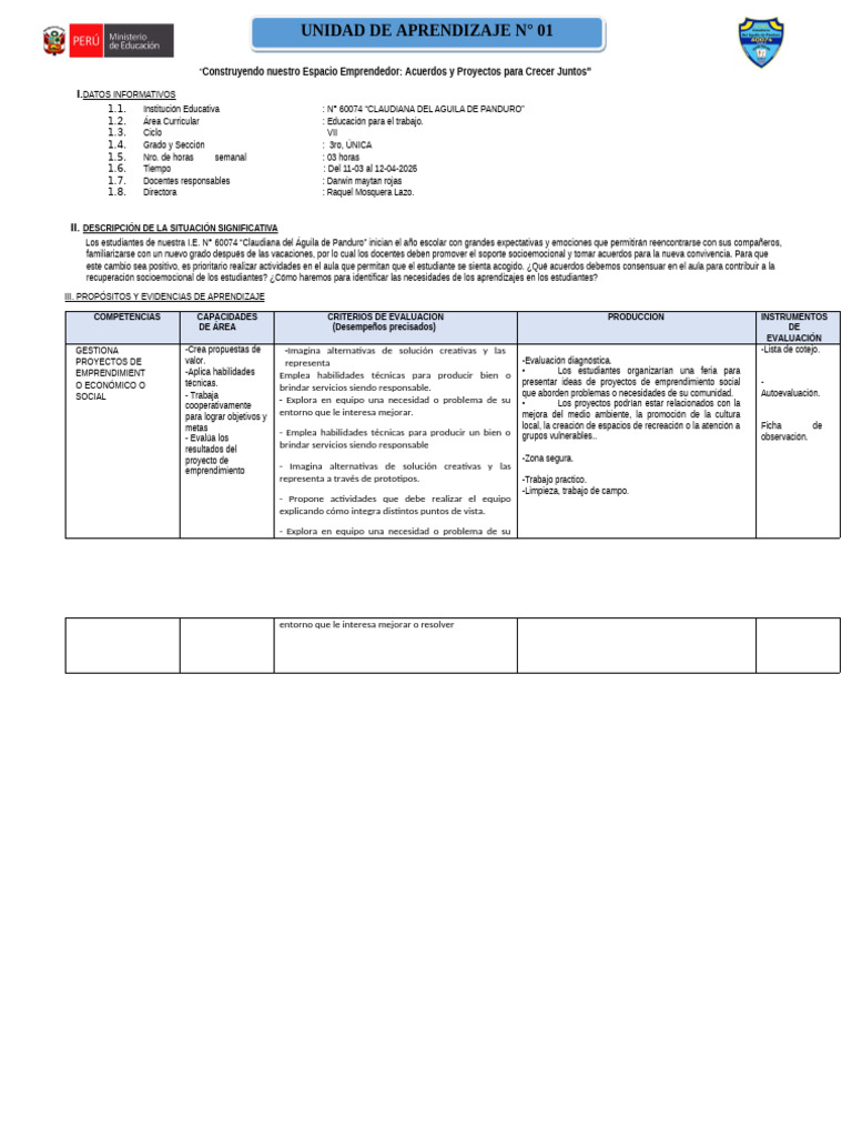 EPT - 3er GRADO- UNIDAD I | PDF | Iniciativa empresarial | Evaluación