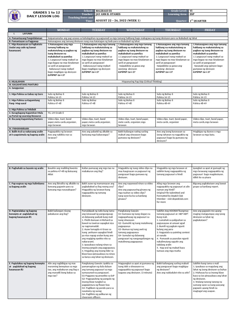 DLL - Esp 6 - Q1 - W1 - 2022-2023 | PDF