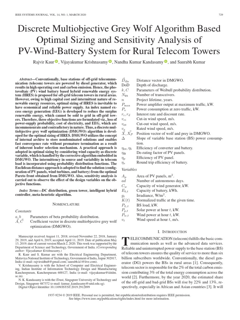 Discrete Multiobjective Grey Wolf Algorithm Based Optimal Sizing and Sensitivity Analysis of PV ...