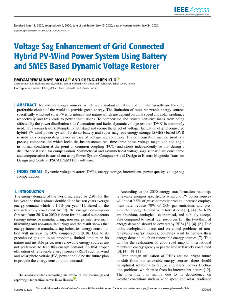 Voltage Sag Enhancement of Grid Connected Hybrid PV-Wind Power System Using Battery and SMES ...