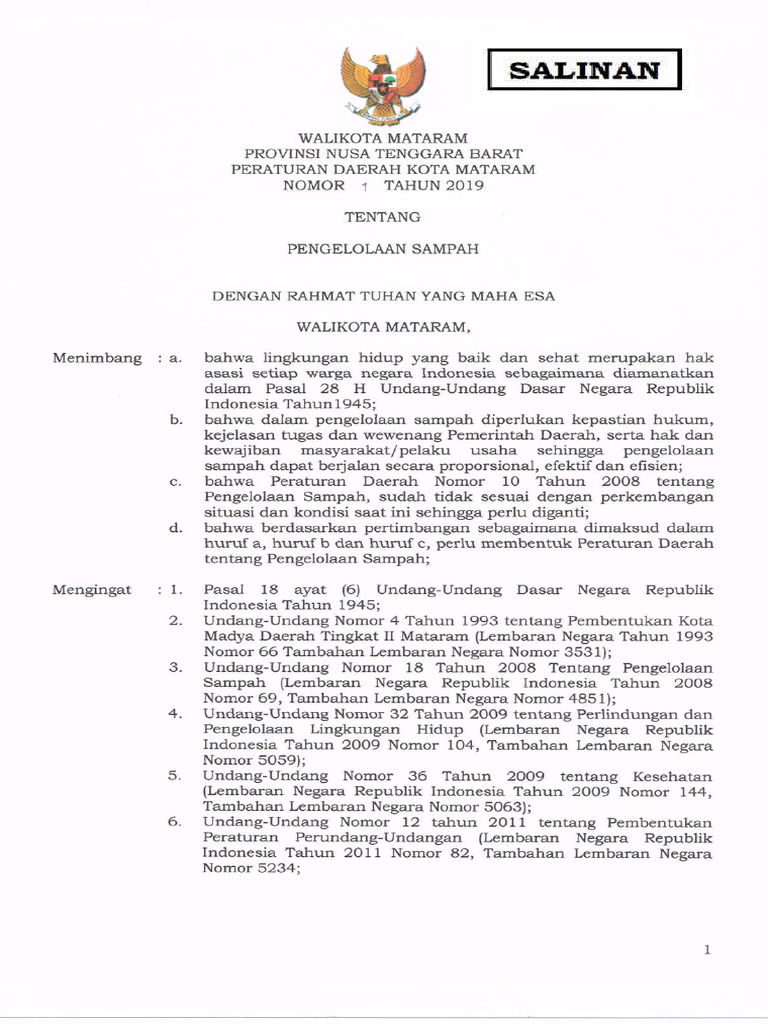 PERDA KOTA MATARAM NOMOR 1 TAHUN 2019 tentang Pengelolaan Sampah_sign-dikompresi | PDF