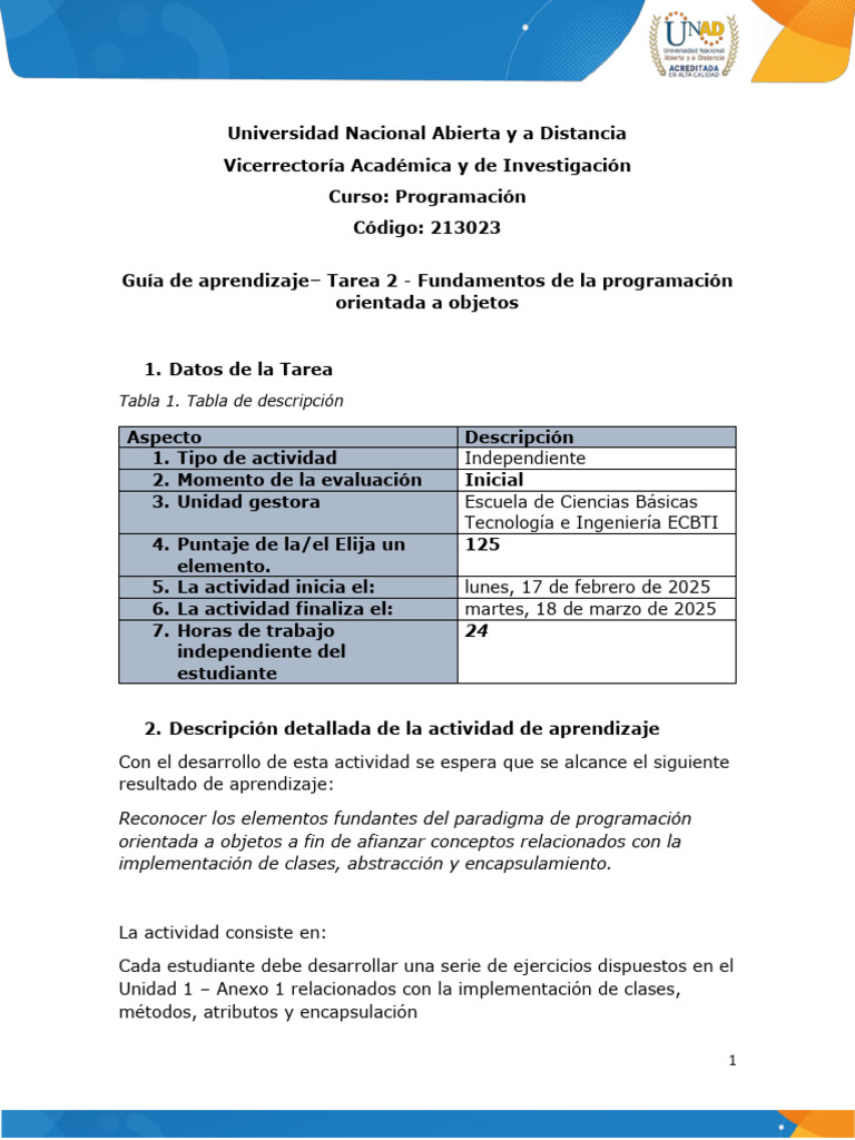 Guía de Aprendizaje - Tarea 2 - Fundamentos de La Programación Orientada A Objetos | PDF ...