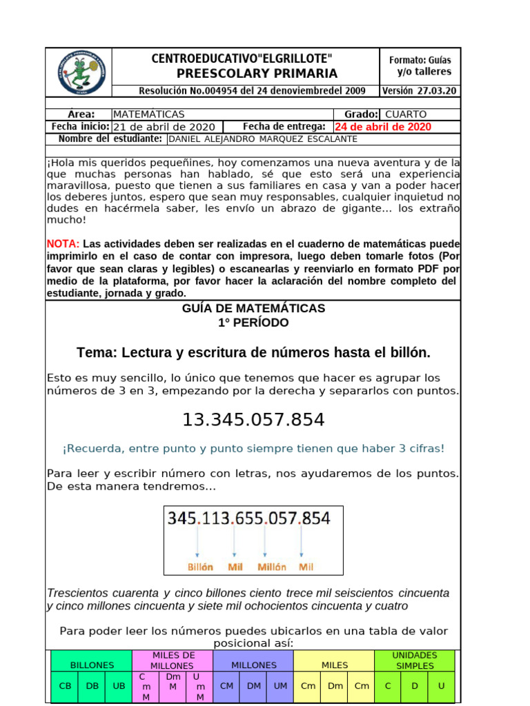 Escritura de Números hasta el Billón | PDF
