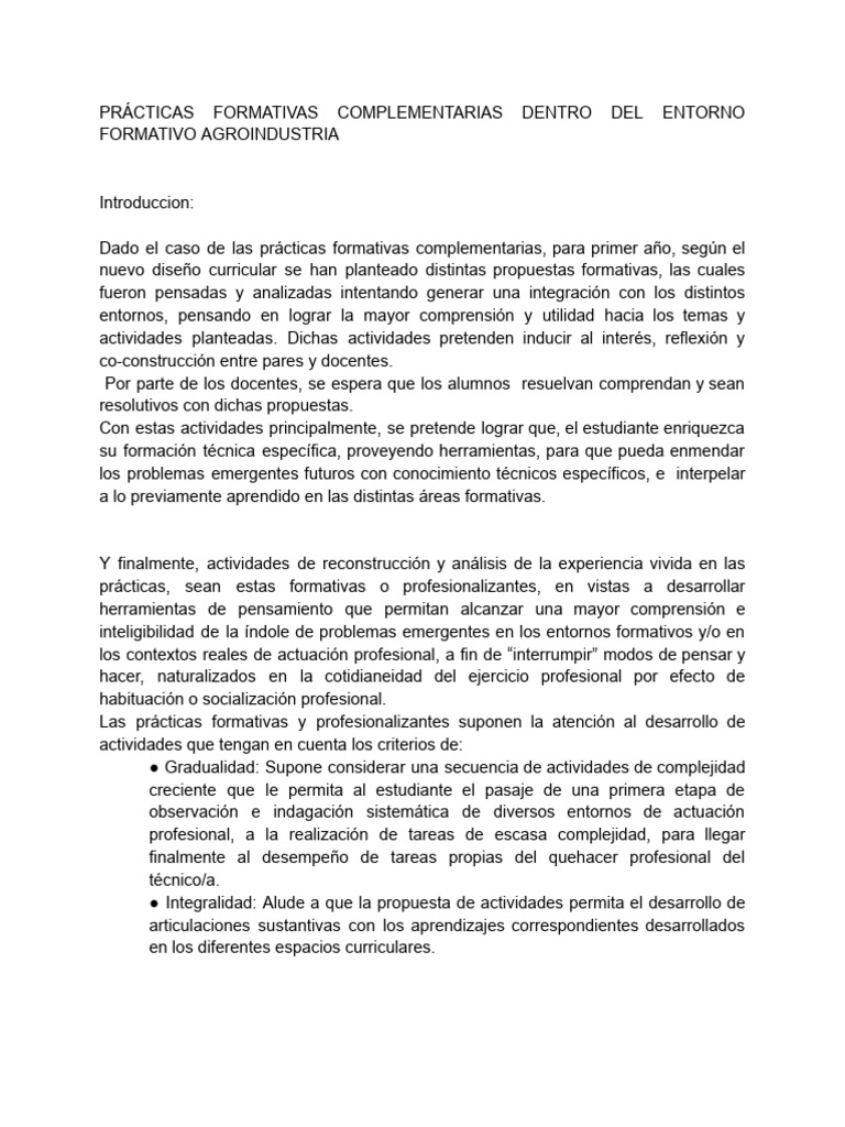 Prácticas Formativas Complementarias Dentro Del Entorno Formativo Agroindustria | PDF ...